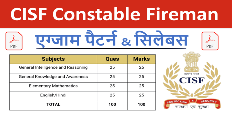 CISF Fireman Syllabus 2024 Download CISF Fireman Syllabus PDF in Hindi Download